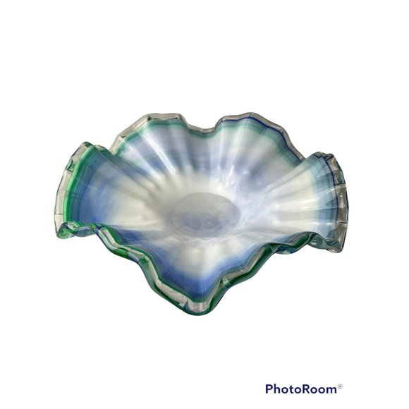 Unbranded | Accents | Vintage Hand Blown Glass White Ruffled Edge Blue ...